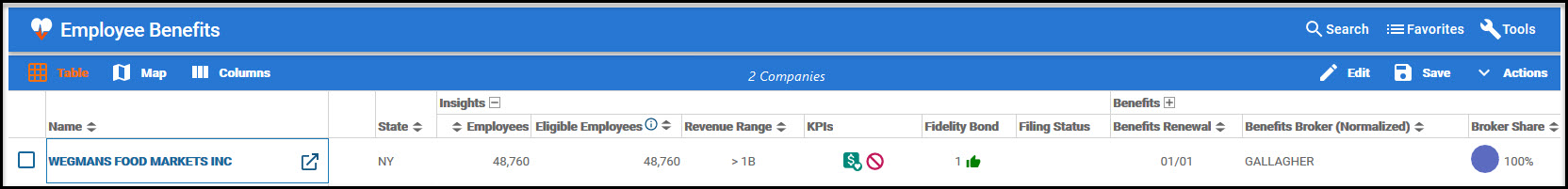 How do I read the Search Table with results for benefits? - miEdge