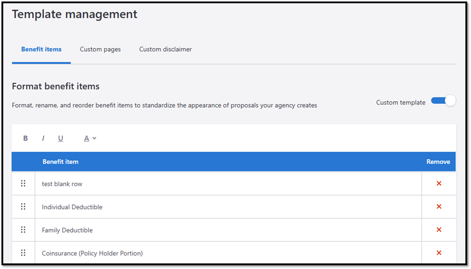 How do I add or customize benefit items and disclaimers within the ...