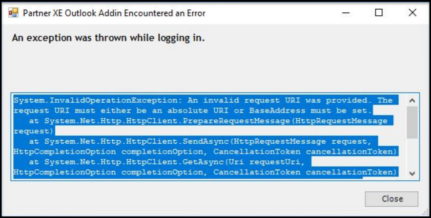 Partner XE Outlook Add-in encountered an error - Partner Platform