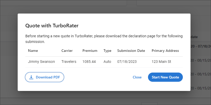 Initiating a Quote from Dec Page Connect - TurboRater